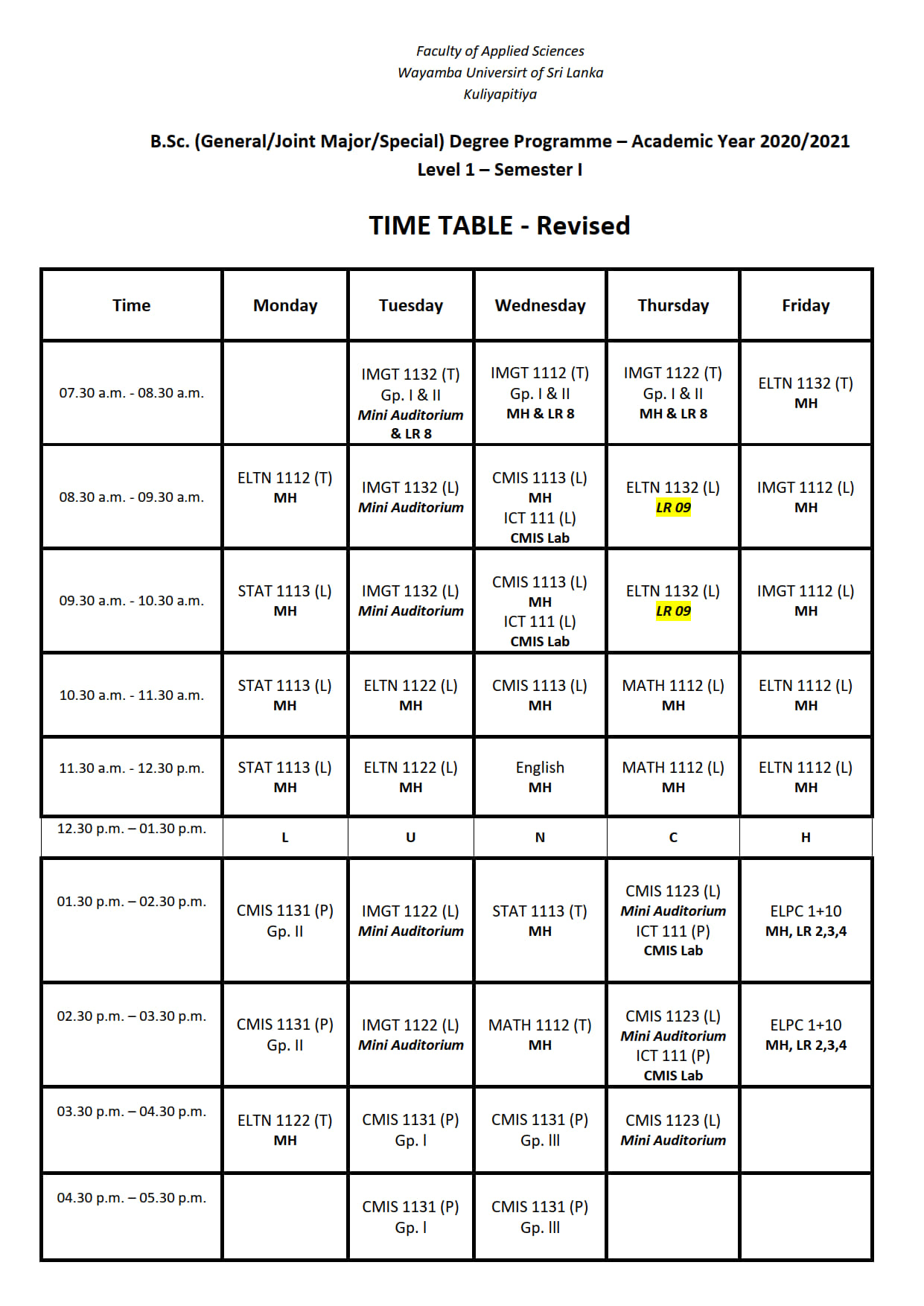 Timetables - Faculty of Applied Sciences
